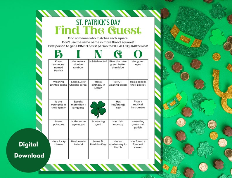 St Patrick's Day Find the Guest Bingo, Ice Breaker Game, Mix & Mingle ...