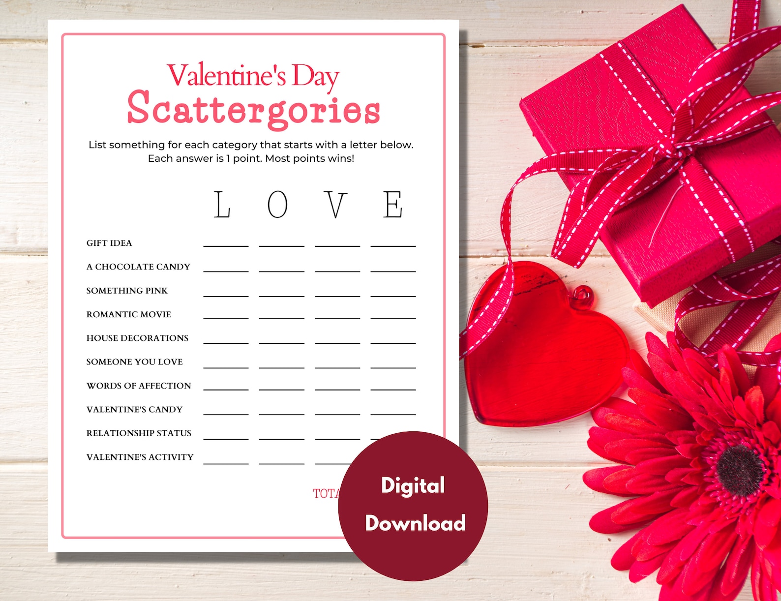 Valentines Day Scattergories Game, Valentines Day Word Game, Valentines ...