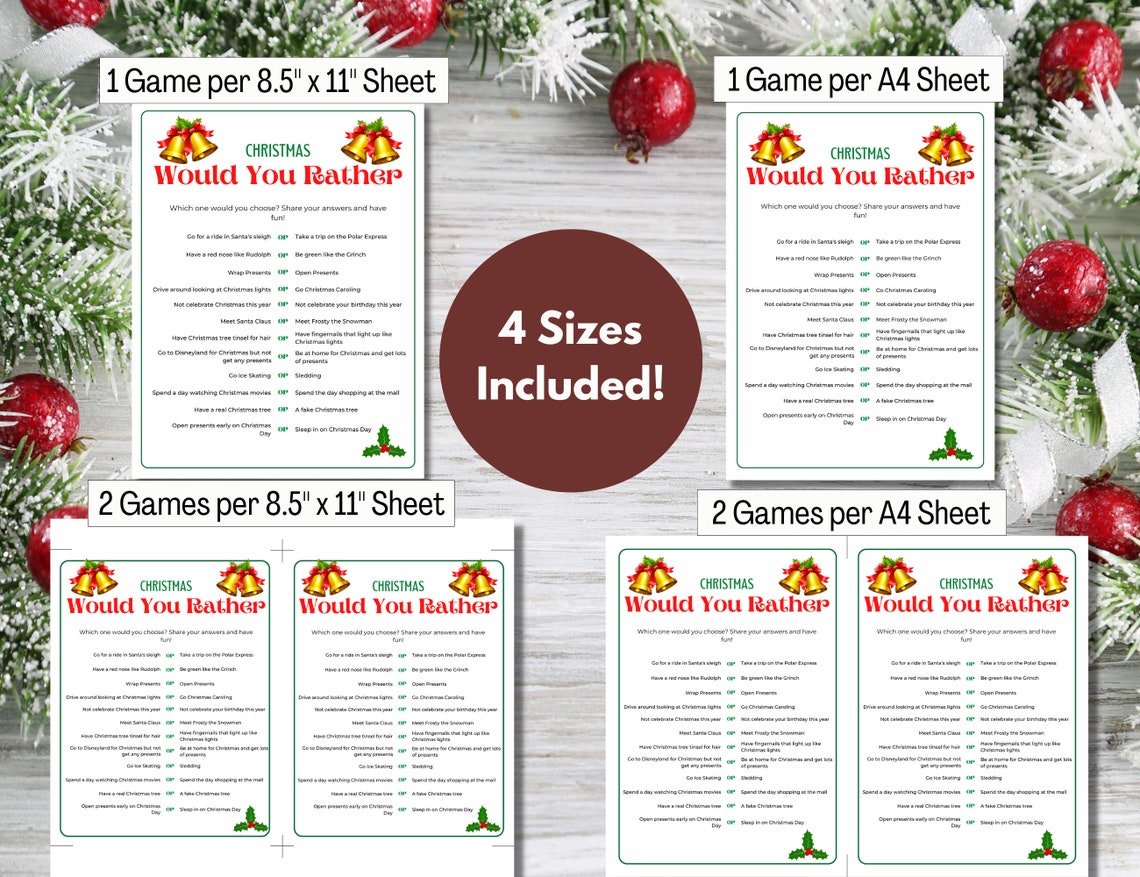 Christmas Games, Christmas Would You Rather, This or That, Printable ...