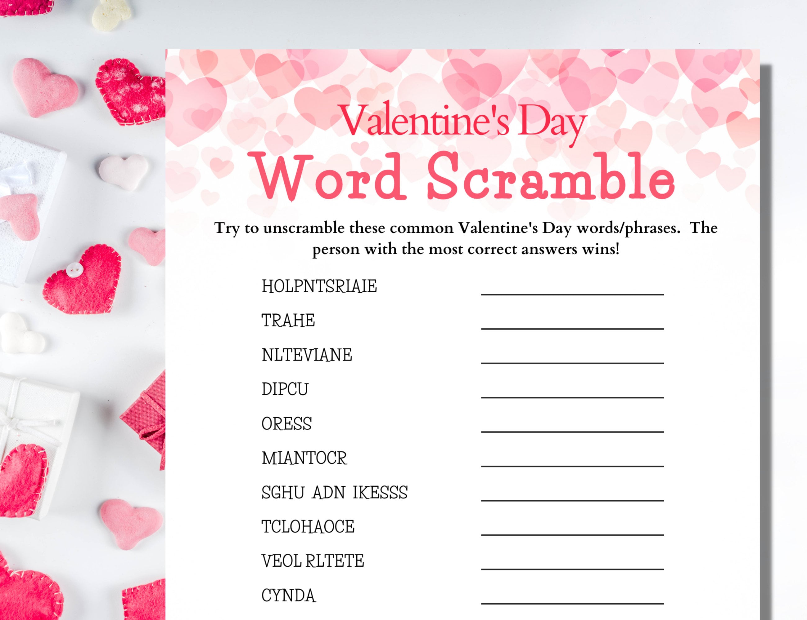 Valentines Day Word Scramble Game, Valentines Day Unscramble Game ...
