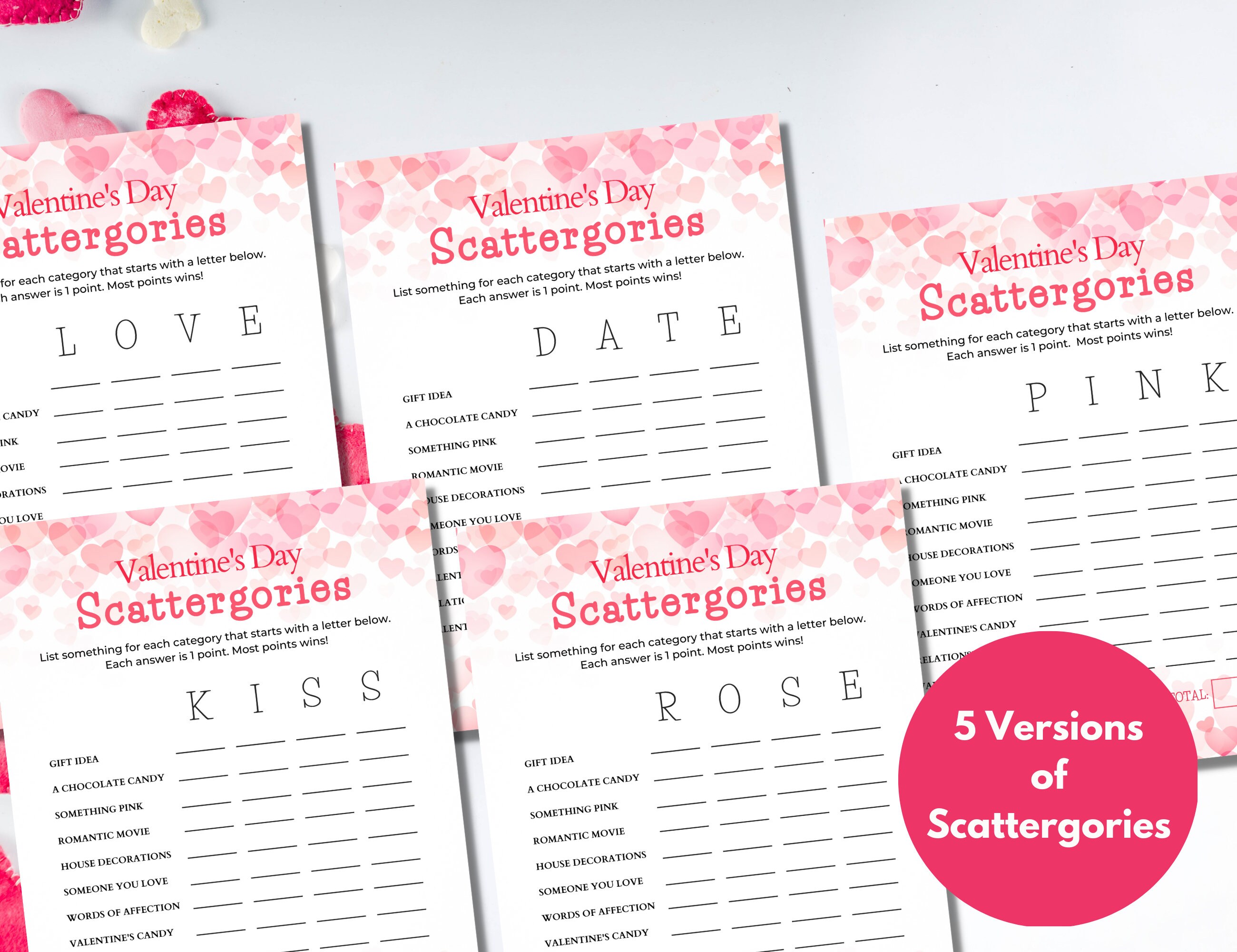 Valentines Day Scattergories Game, Valentines Day Word Game, Valentines ...