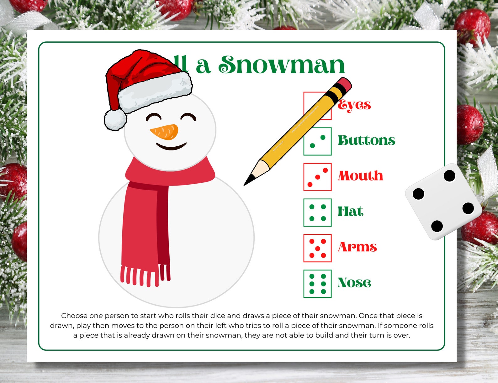 Roll a Snowman, Dice Game, Christmas Drawing Game, Printable Christmas ...