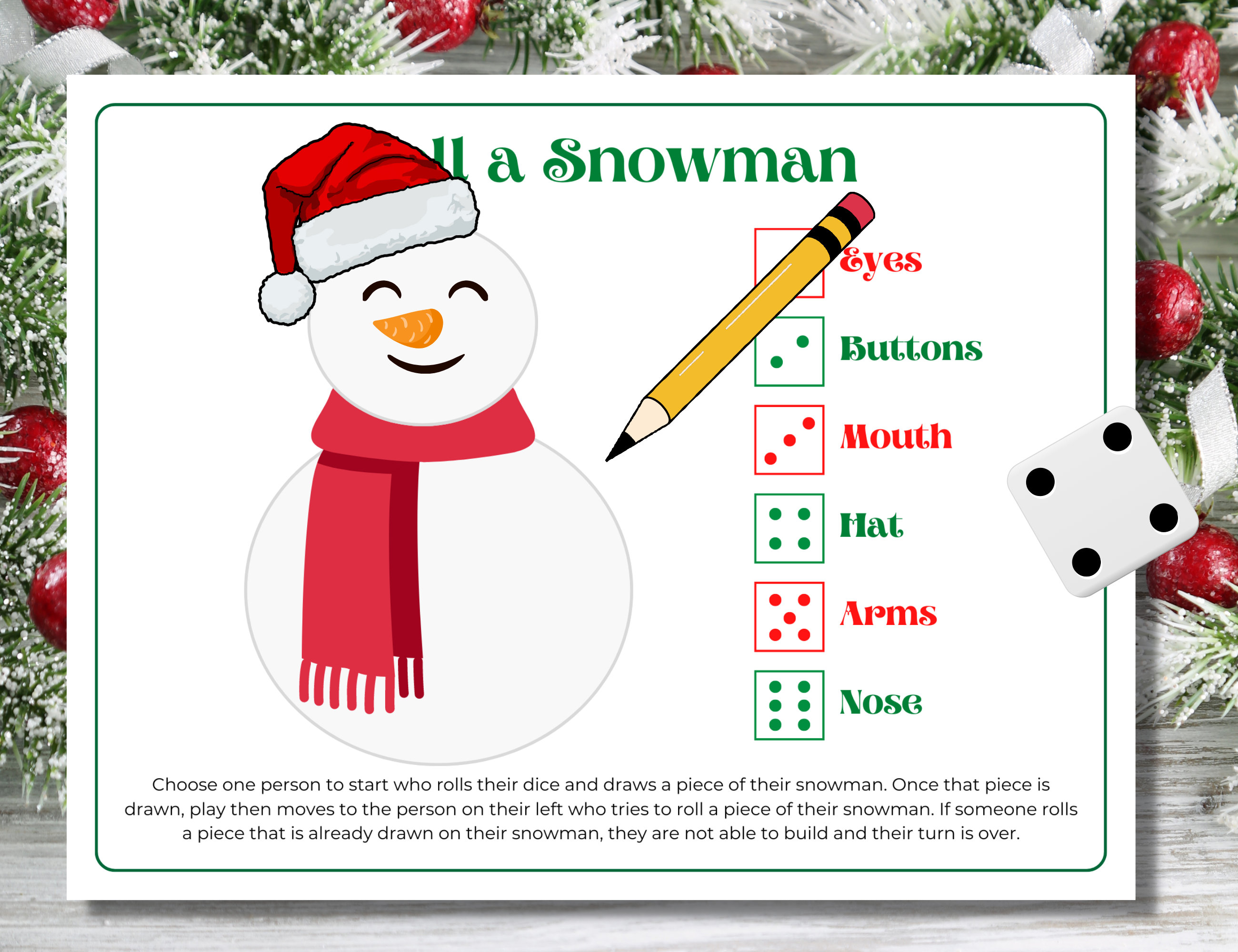 Roll a Snowman, Dice Game, Christmas Drawing Game, Printable Christmas ...