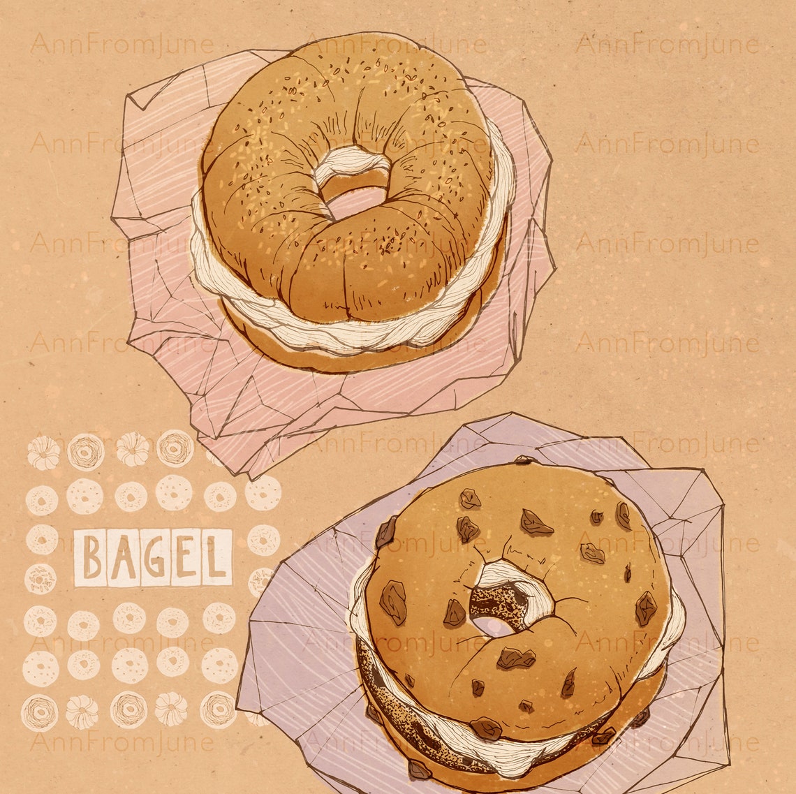 Bagels Drawings for Print. Digital Copy of a Hand-drawn Illustration ...