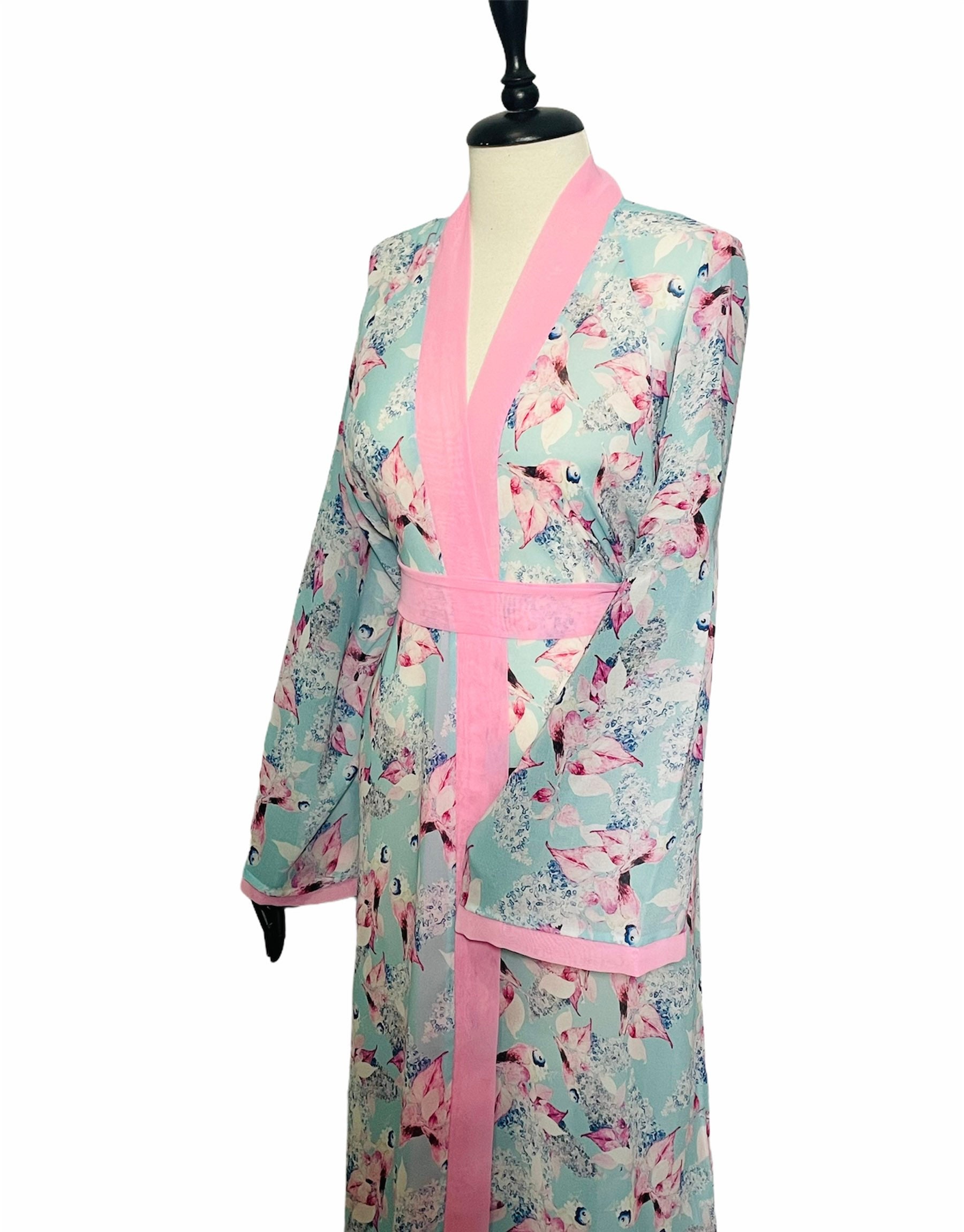 Turquoise Powder Pink Chiffon Long Kimono Robe With Bird Print and Belt ...