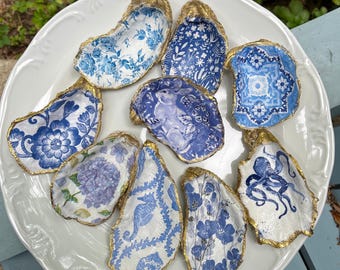 Blue Toile Oyster Shell Trinket Dish - Etsy