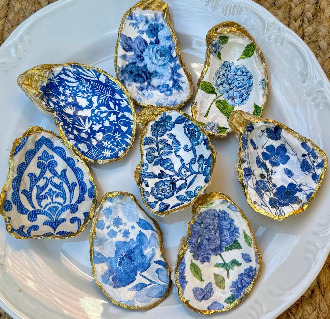 Oyster Shell Ring Dish, Blue White Jewelry Holder, Oyster Trinket Tray ...
