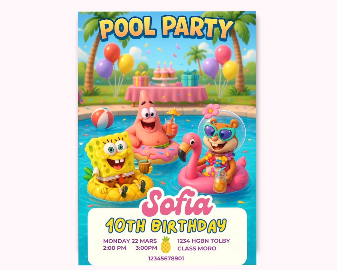 Spongebob Birthday Pool Party Invitation - Spongebob Invitation ...