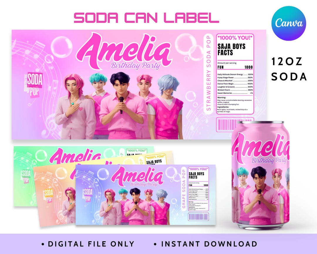 Saja Boys Kpop Demon Hunters Soda Can Labels | Sajaboys Birthday Party Pop Wrappers | Soda Pop ...