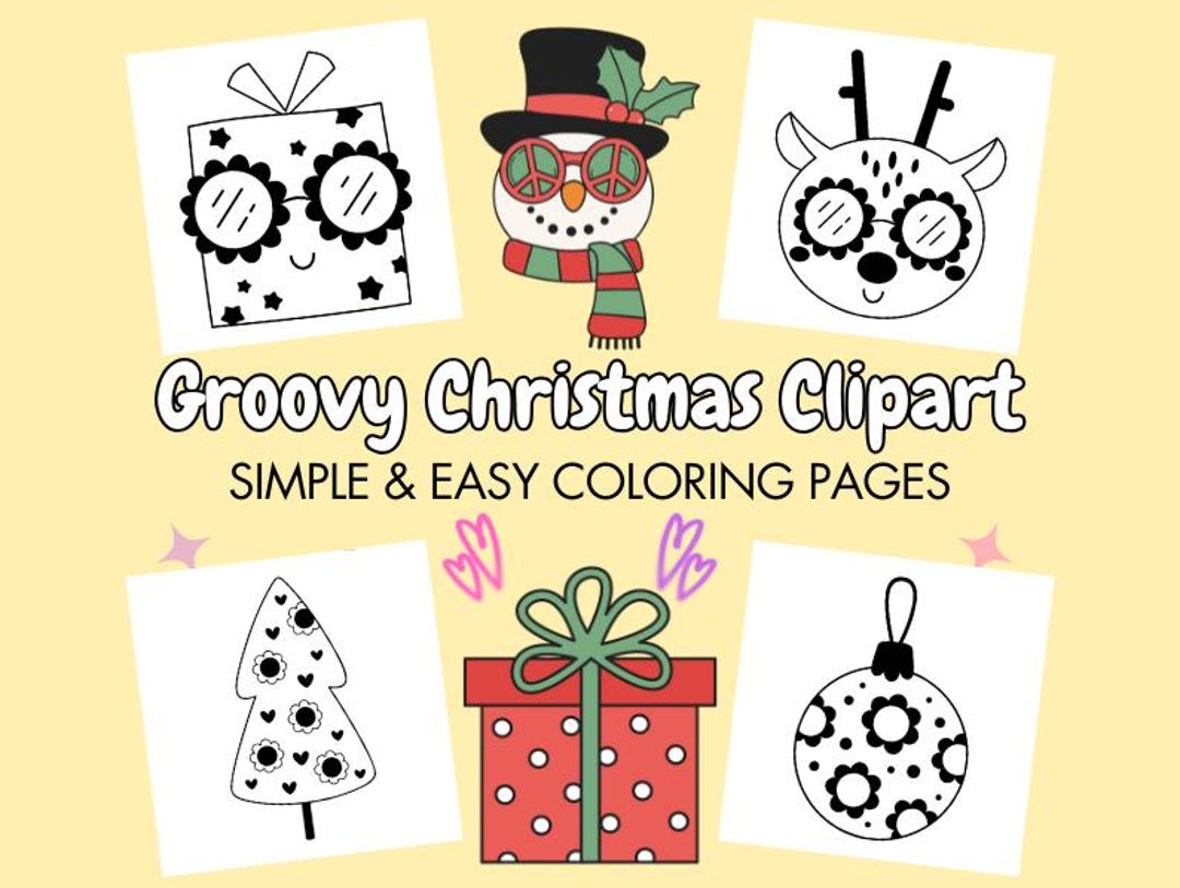 Christmas Groovy Clipart Coloring Pages, 20 Cute Holiday Illustrations ...