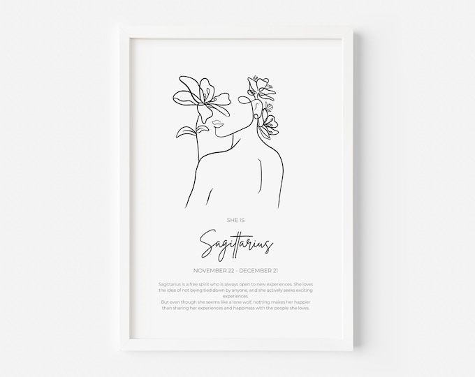 Custom Star Sign Line Art Poster Print Personalised Zodiac Framed Gift ...