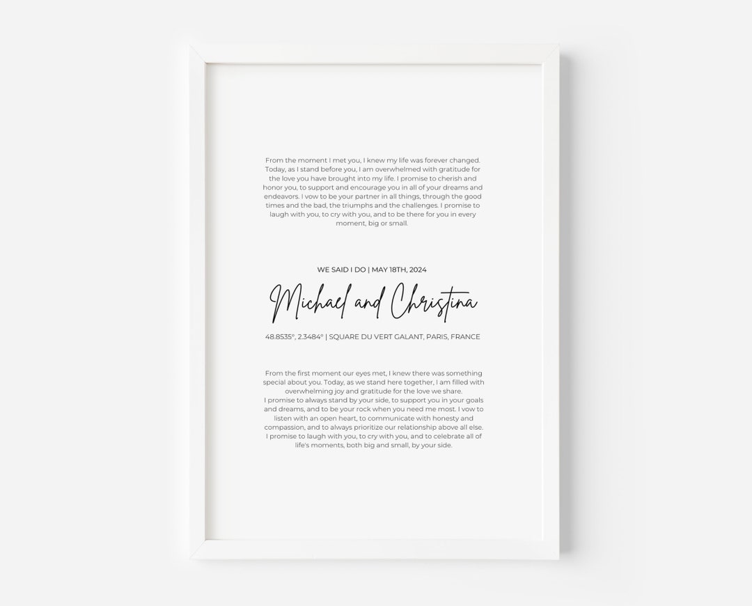 Custom Wedding Vow Poster Print - Anniversary Couples Vows Gift Framed ...