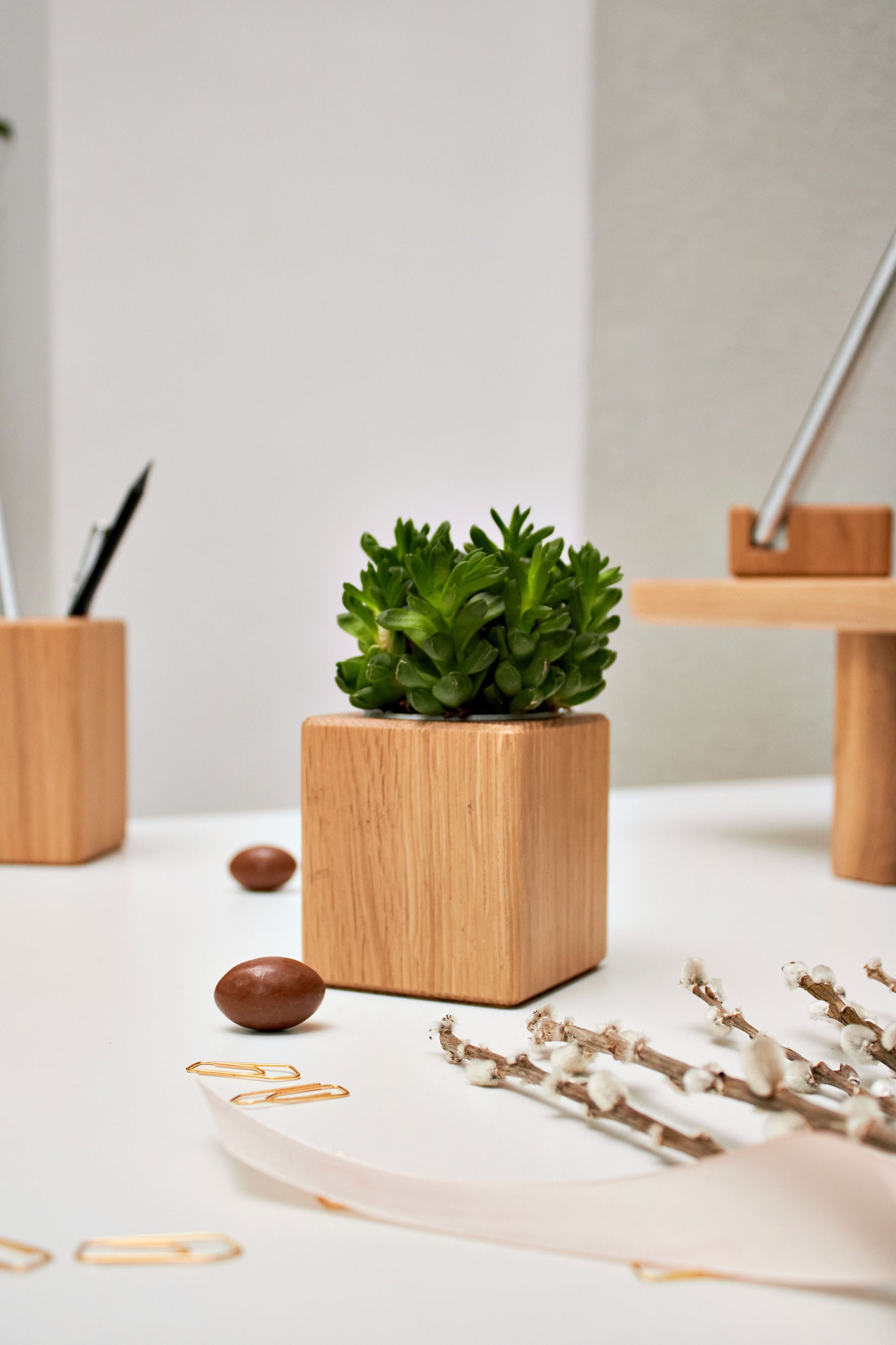 Oak Planter Stand: Minimalist Desk Decor, Office Plant Pot - Etsy