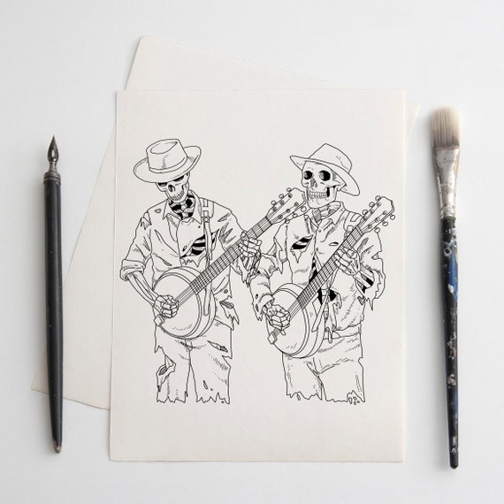 Horror Coloring Sheet Zombie Banjo Music Skeleton | Etsy