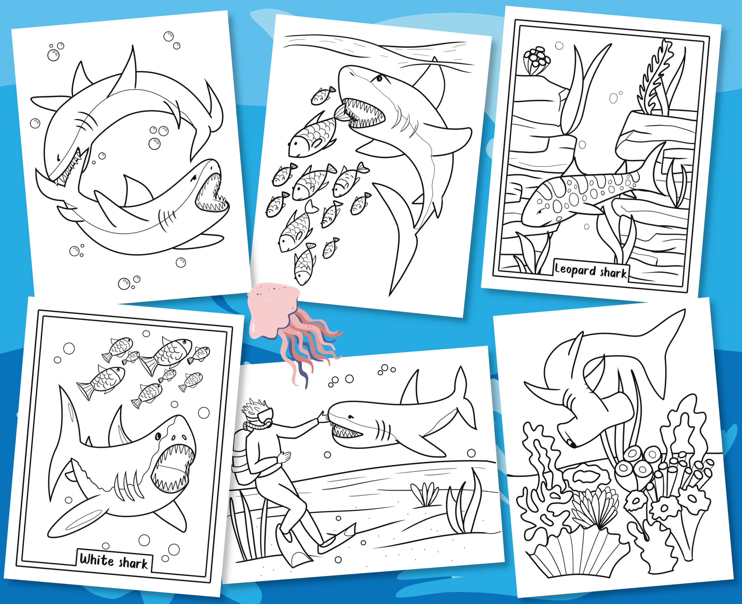 Shark Coloring Book, 32 Coloring Pages for Boys, Marine Life, Ocean ...