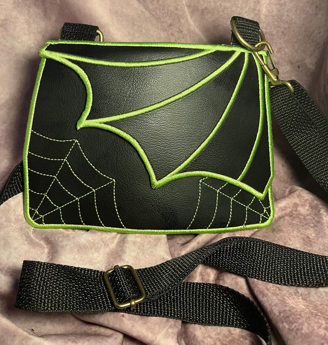Batwing and Spiderweb With Bright Green Stitching Crossbody Bag. Clutch ...
