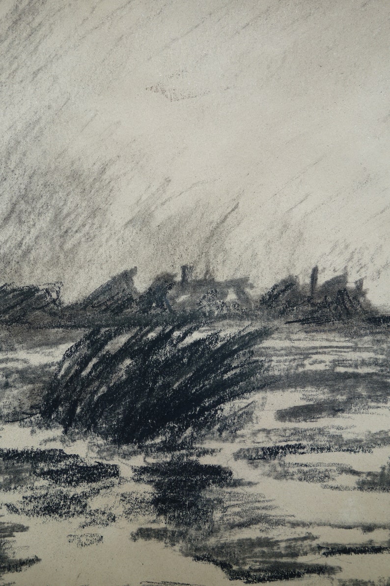 Fine Impressionist Charcoal Drawing Sunset at Lakeside - Etsy