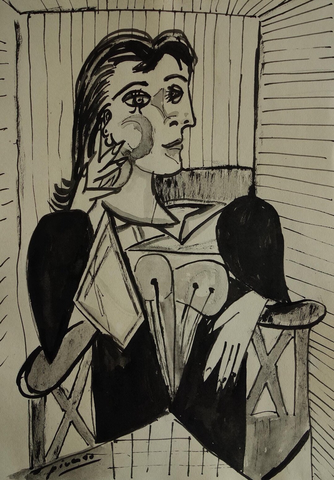 Very Rare Unique Cubist Picasso Era, Portrait Study, Ink Drawing ...