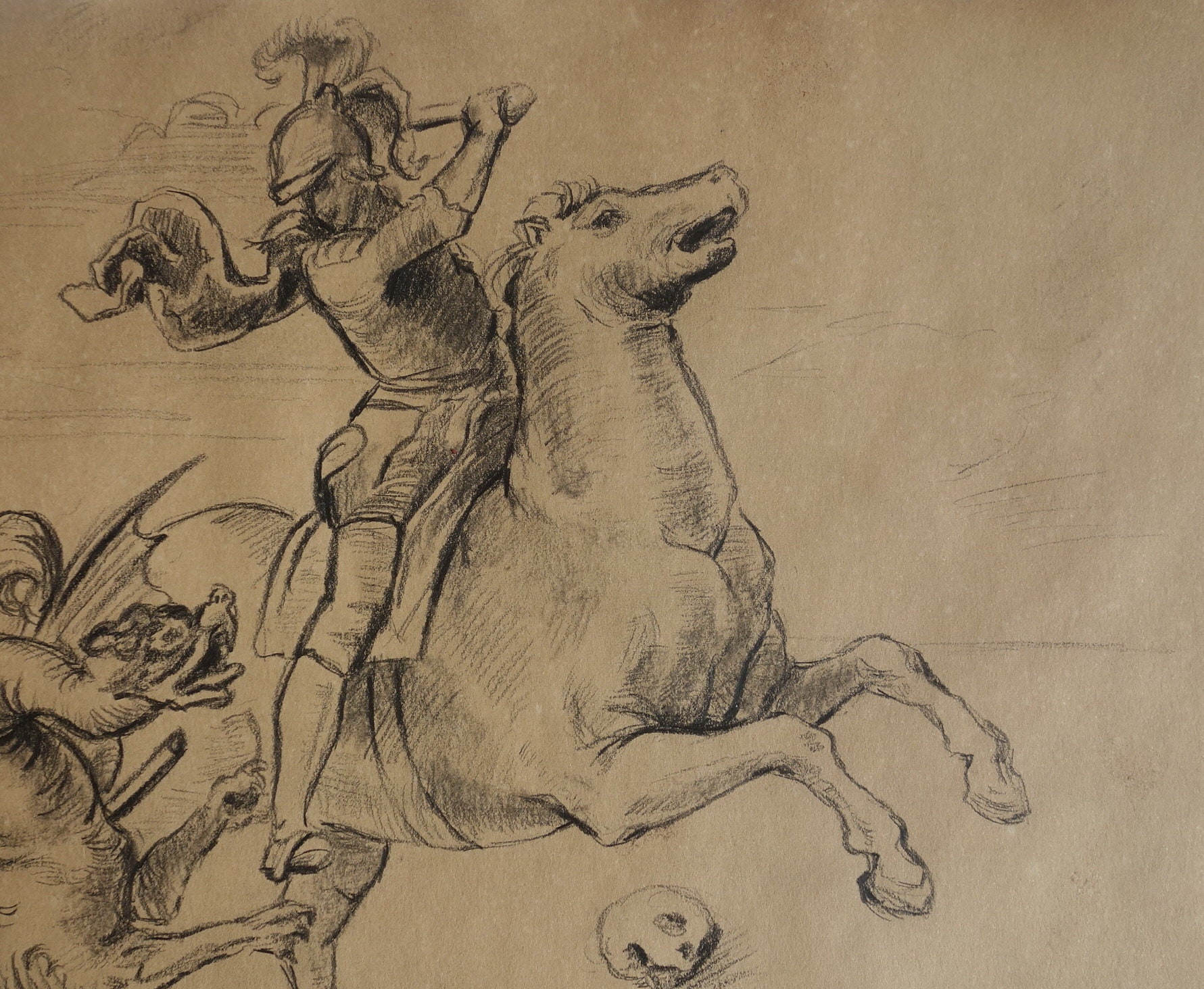 European Old Master Drawing, Mythology - Animal, Charcoal Figure Study ...