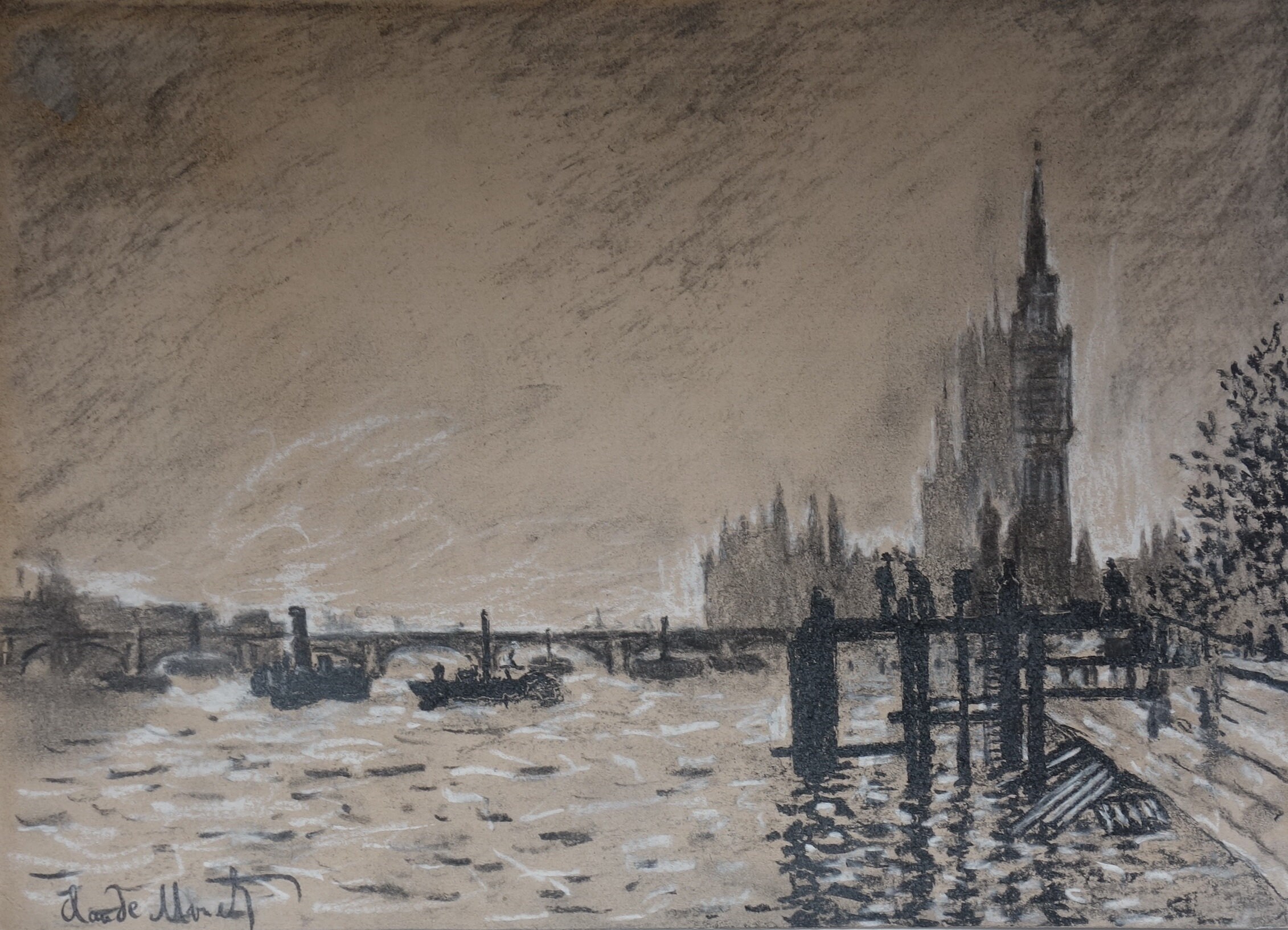 Fine Impressionist Charcoal Drawing Westminster, Marked & Signed ...