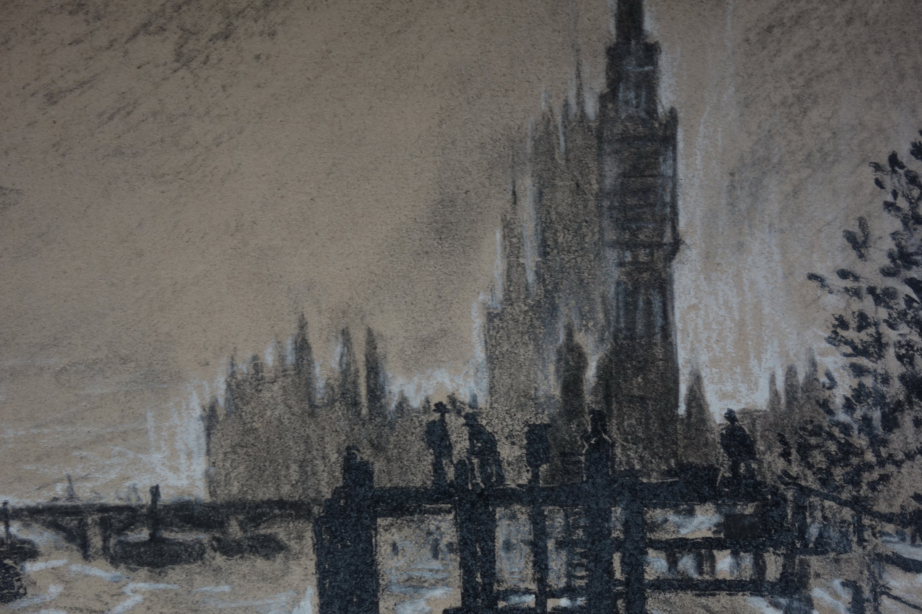Fine Impressionist Charcoal Drawing Westminster, Marked & Signed ...