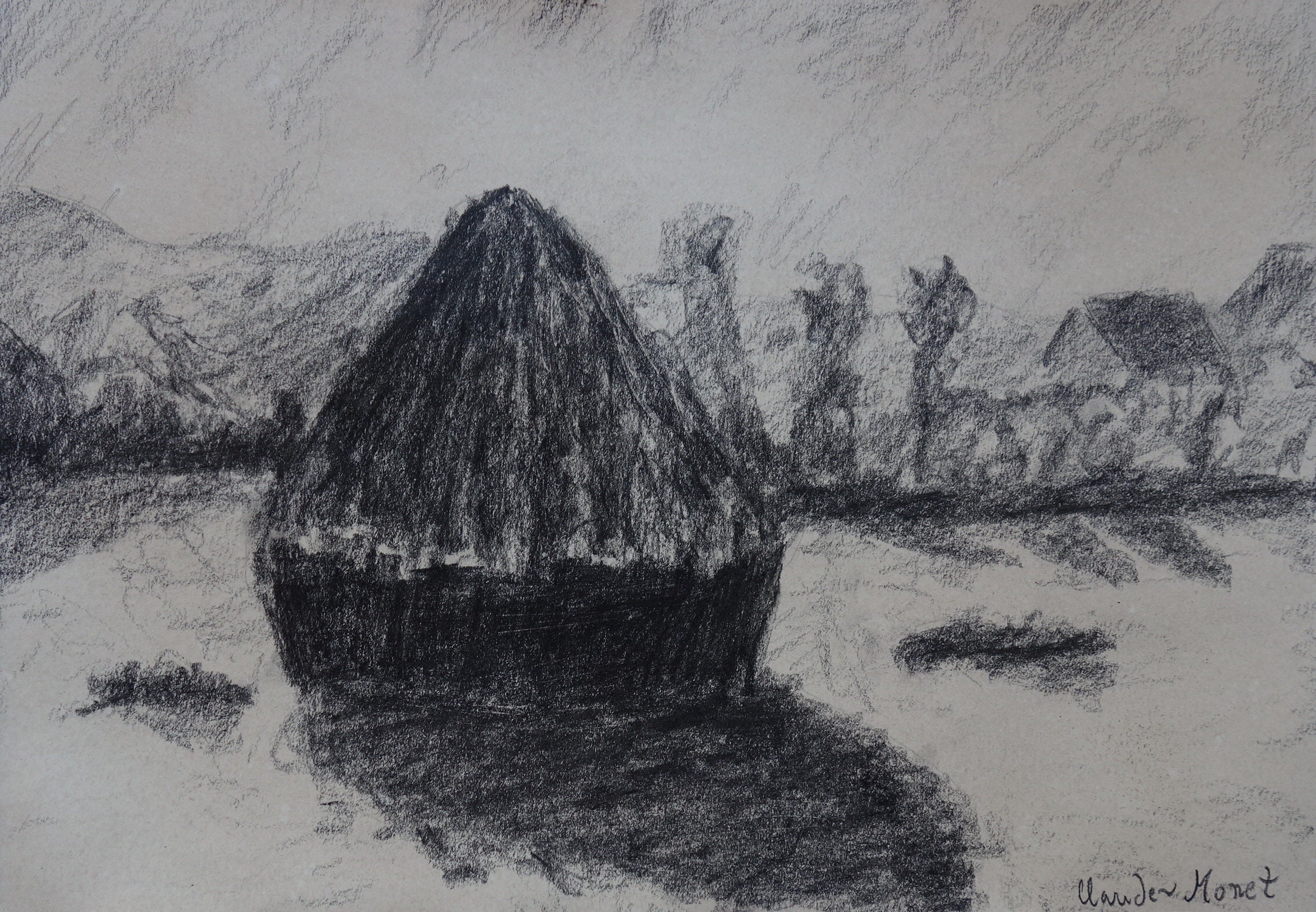 Fine Impressionist Charcoal Drawing Haystacks, Marked & Signed, Claude ...