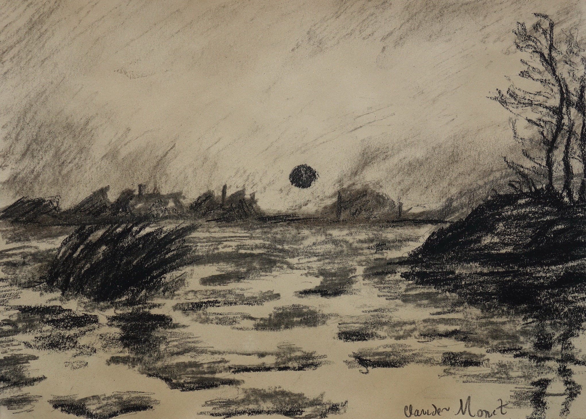 Fine Impressionist Charcoal Drawing Sunset at Lakeside - Etsy
