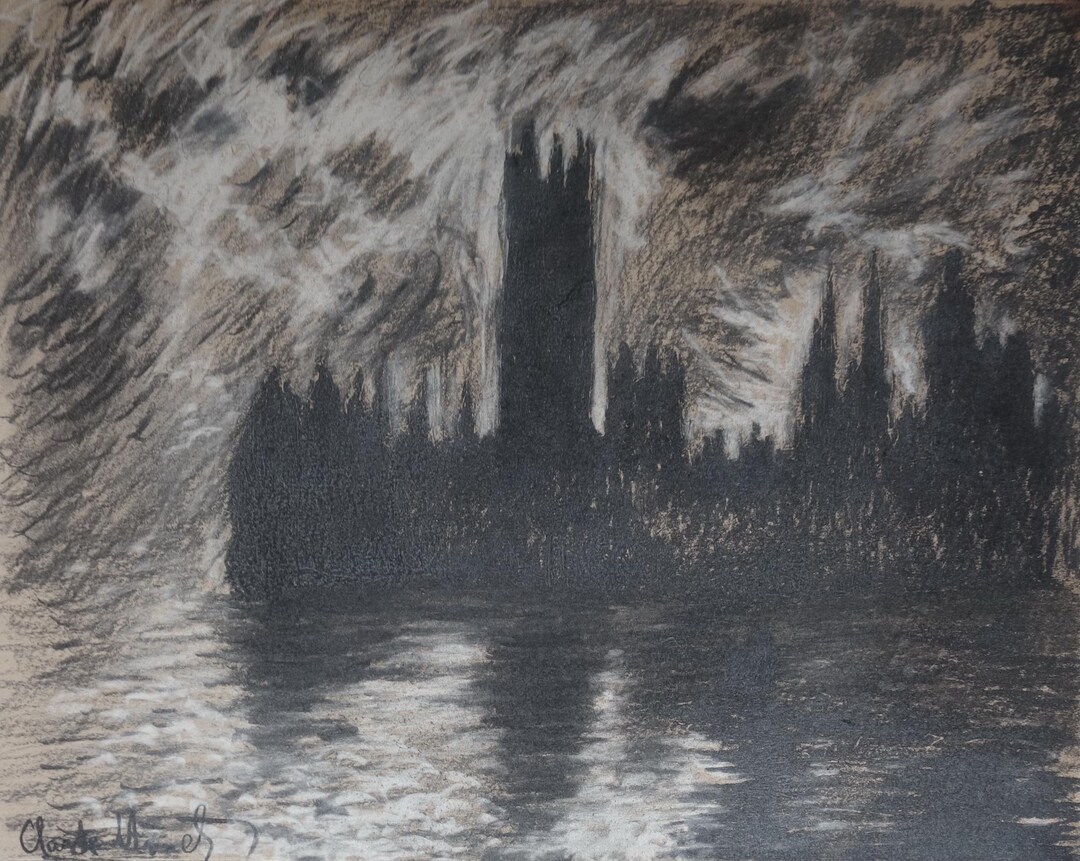 Fine Impressionist Charcoal Drawing Westminster, Marked & Signed ...