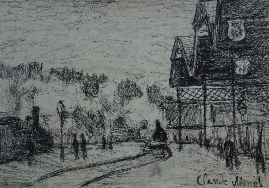 Fine Impressionist Charcoal Drawing - Train Station, Marked & Signed ...