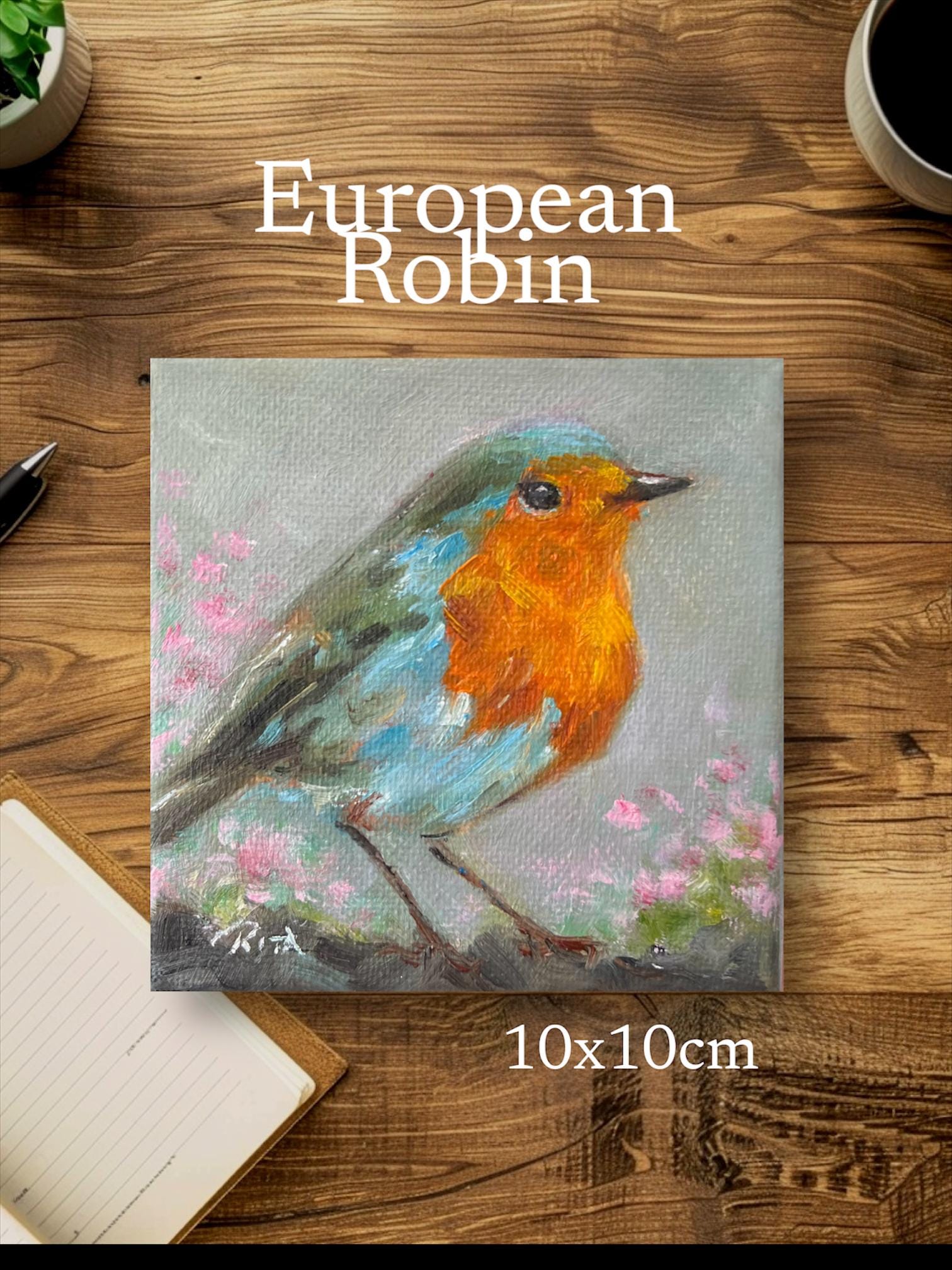 Original European Robin Oil Painting on Canvas 10x10cm, Mini Animal Art ...
