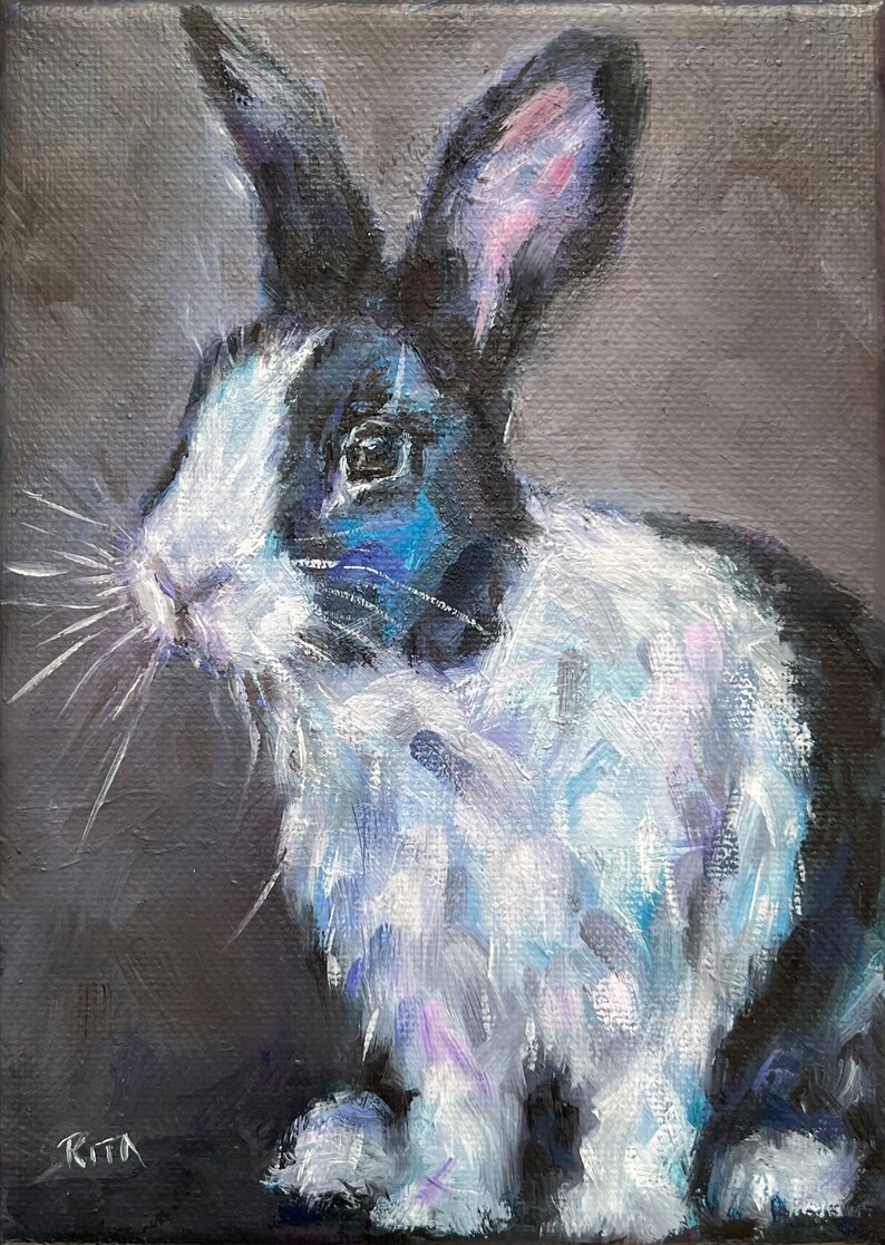Original Oil Painting of Black and White Rabbit, Animal Art on Canvas ...