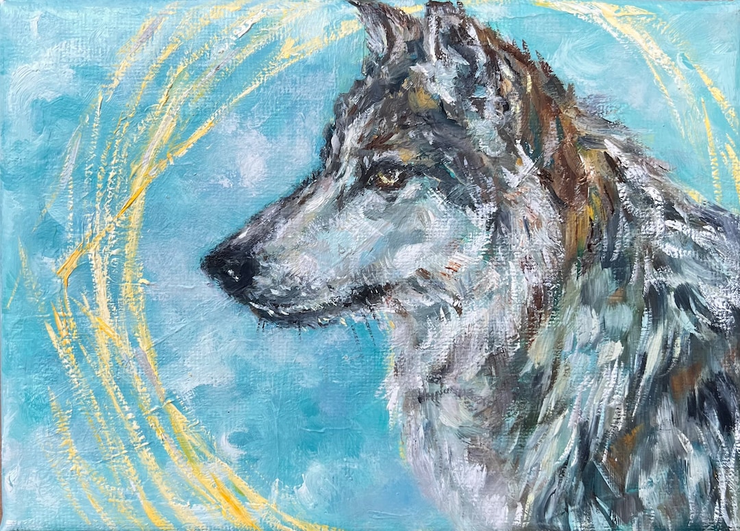 Original Oil Painting of Wolf on Canvas 13x18cm, Wildlife Portriat ...