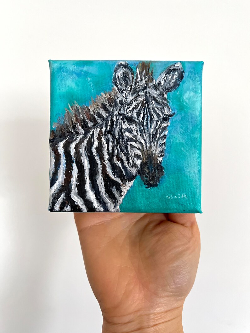 Original Zebra Oil Painting, 4"x4" Mini Wildlife Portrait on Canvas ...