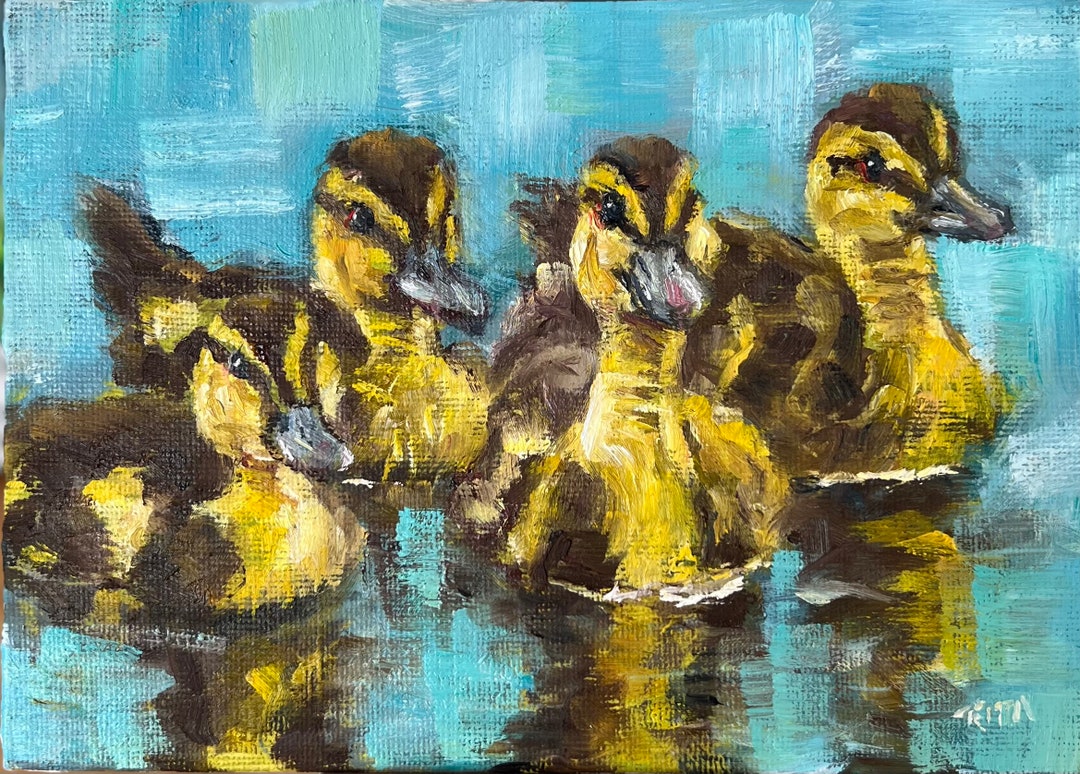 Original Ducklings Oil Painting on Canvas Board 13x18cm, Adorable Farm ...