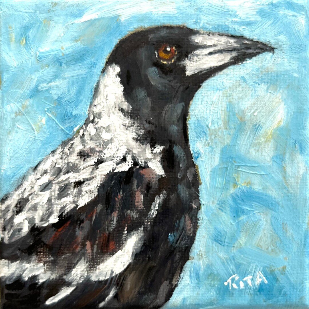 Original Oil Painting of Mag Pie on Canvas 10x10cm, Mini Australian ...