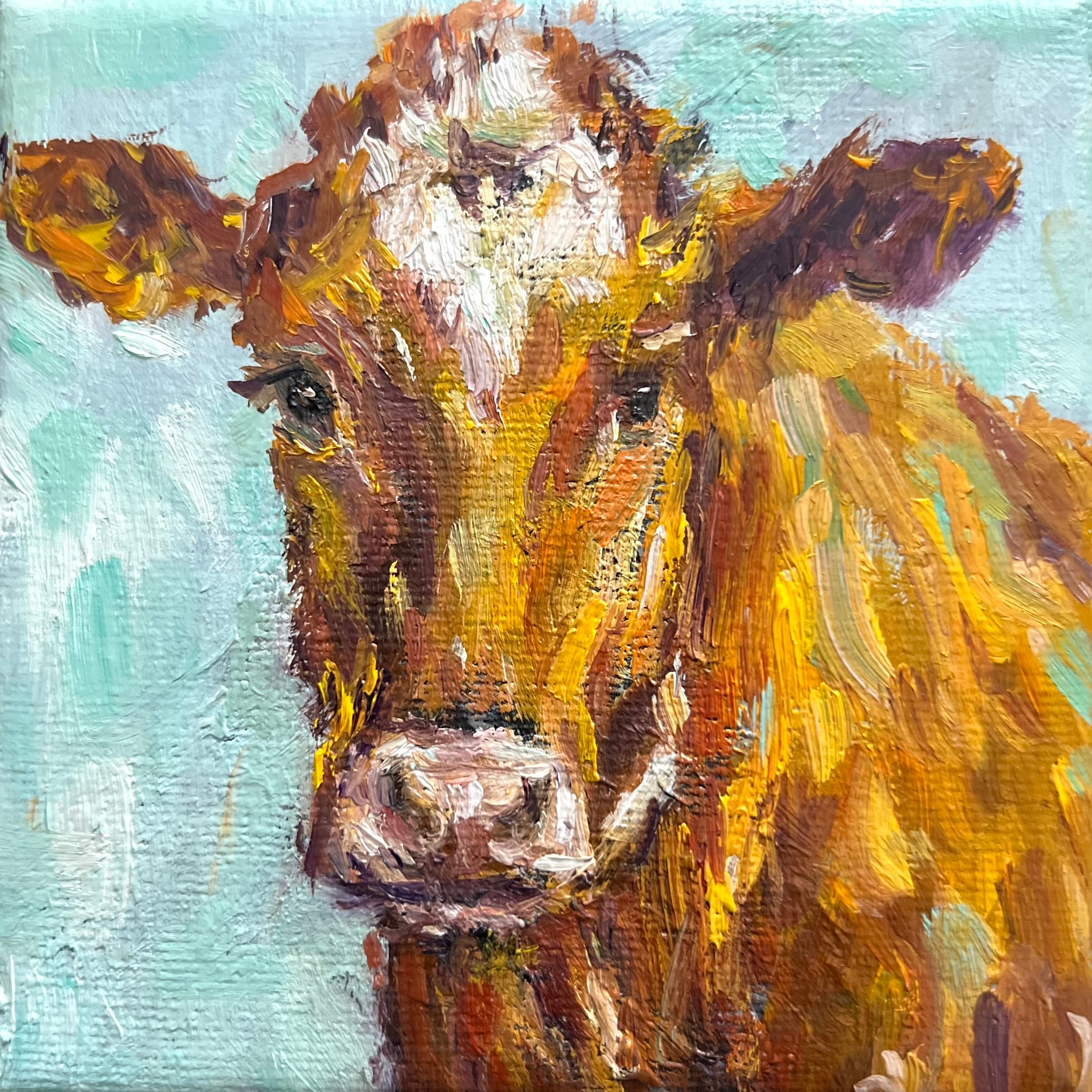 Miniature Oil Painting of Brown Cow on 10x10cm Canvas, Original Art ...