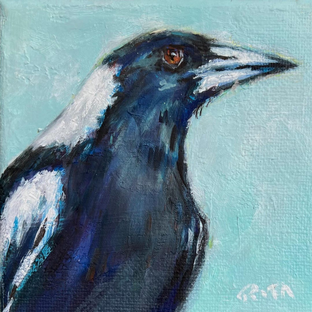Original Magpie Mini Oil Painting Black and White Bird Art on Mini Canvas, Wildlife-inspired ...