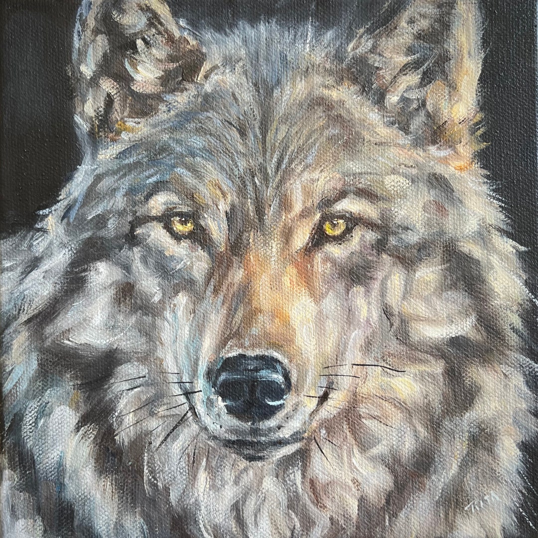 Original Oil Painting of Wolf on Double Thickness Canvas 20x20cm ...