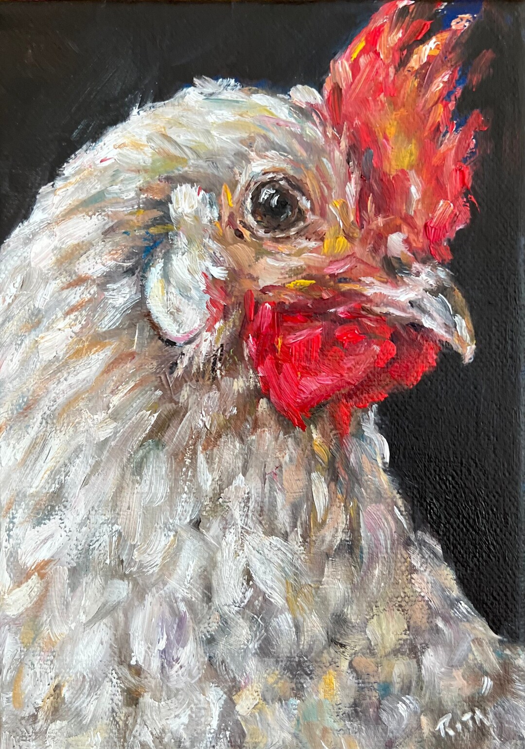 13x18cm Original Oil Painting of White Chicken Portrait on Premium ...