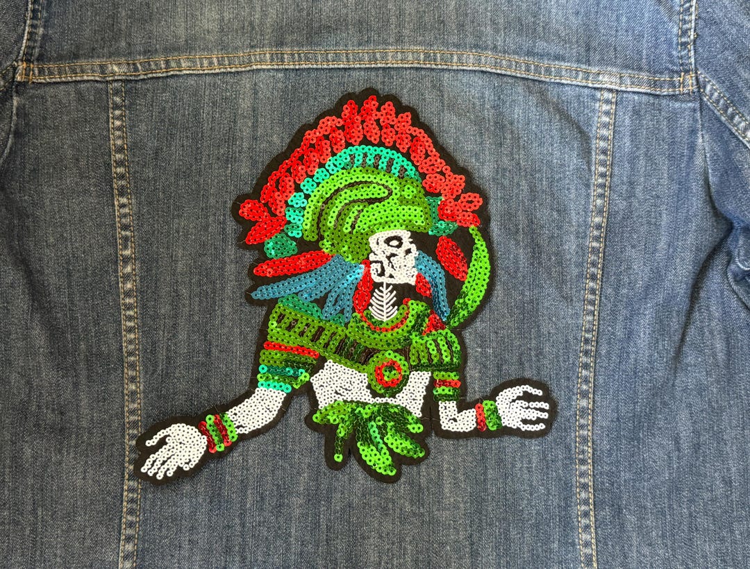 Aztec Chief Moctezuma Skeleton Sequin Iron on Patch Warrior Appliqué ...