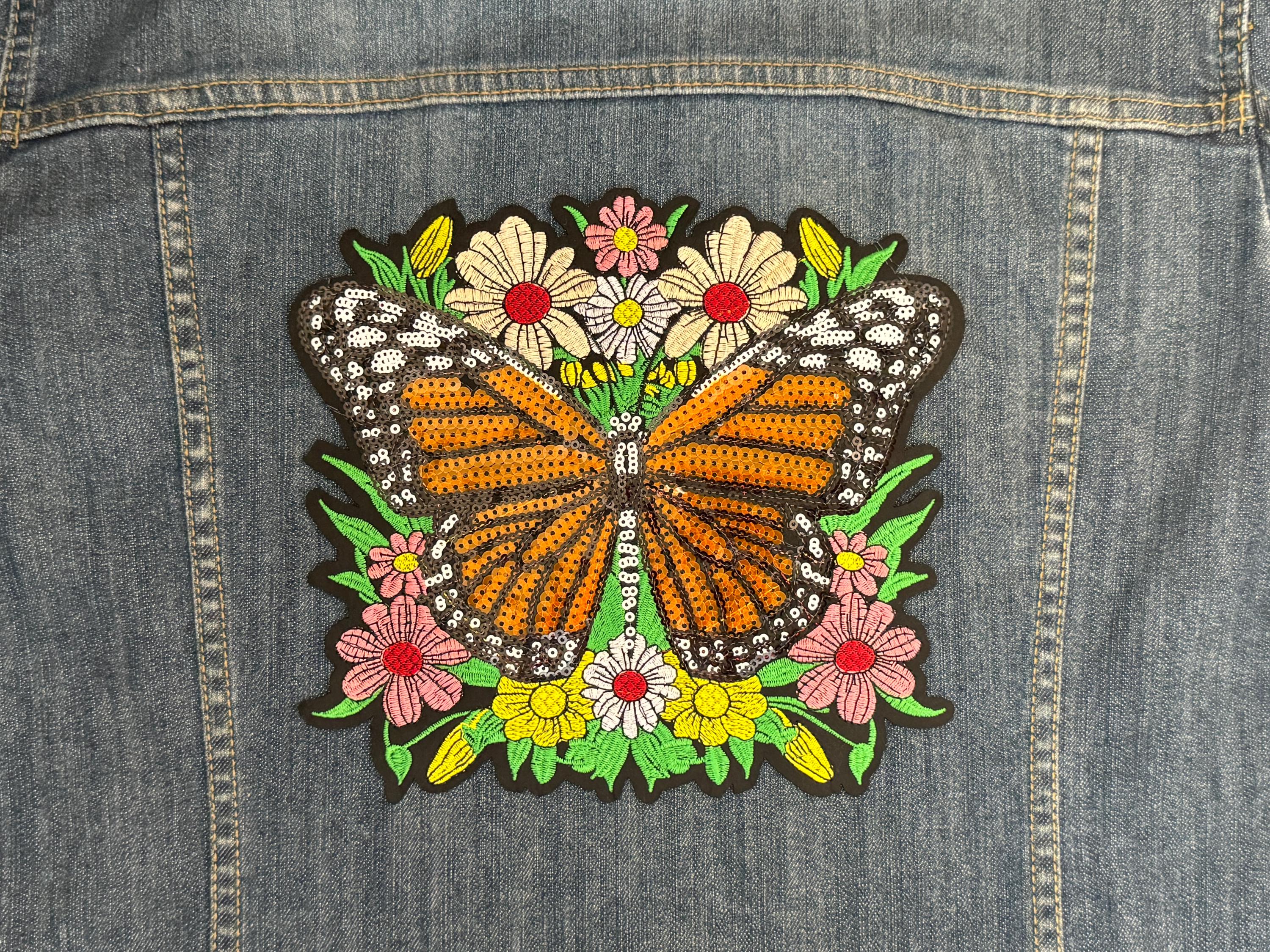 Floral Spring Monarch Butterfly Iron on Patch Sew Appliqué Large Sequin ...