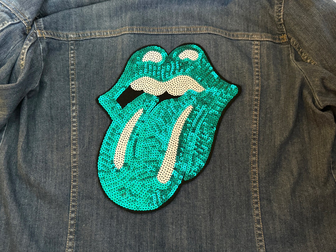 Large Tongue Rolling Stones 80's Iron on Patch or Sew Applique Turquoise Blue Sequin Rock and ...