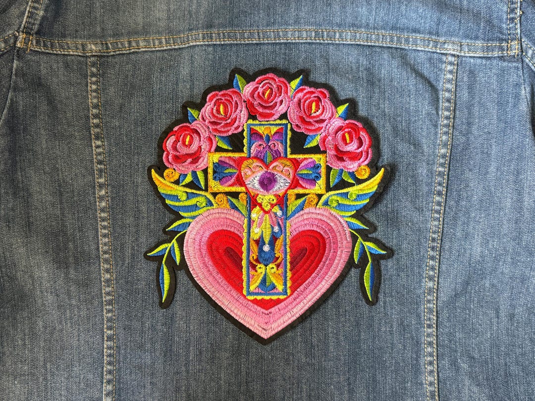 Embroidered Sacred Heart & Roses Patch, Folk Art Appliqué Cross Eye - Etsy