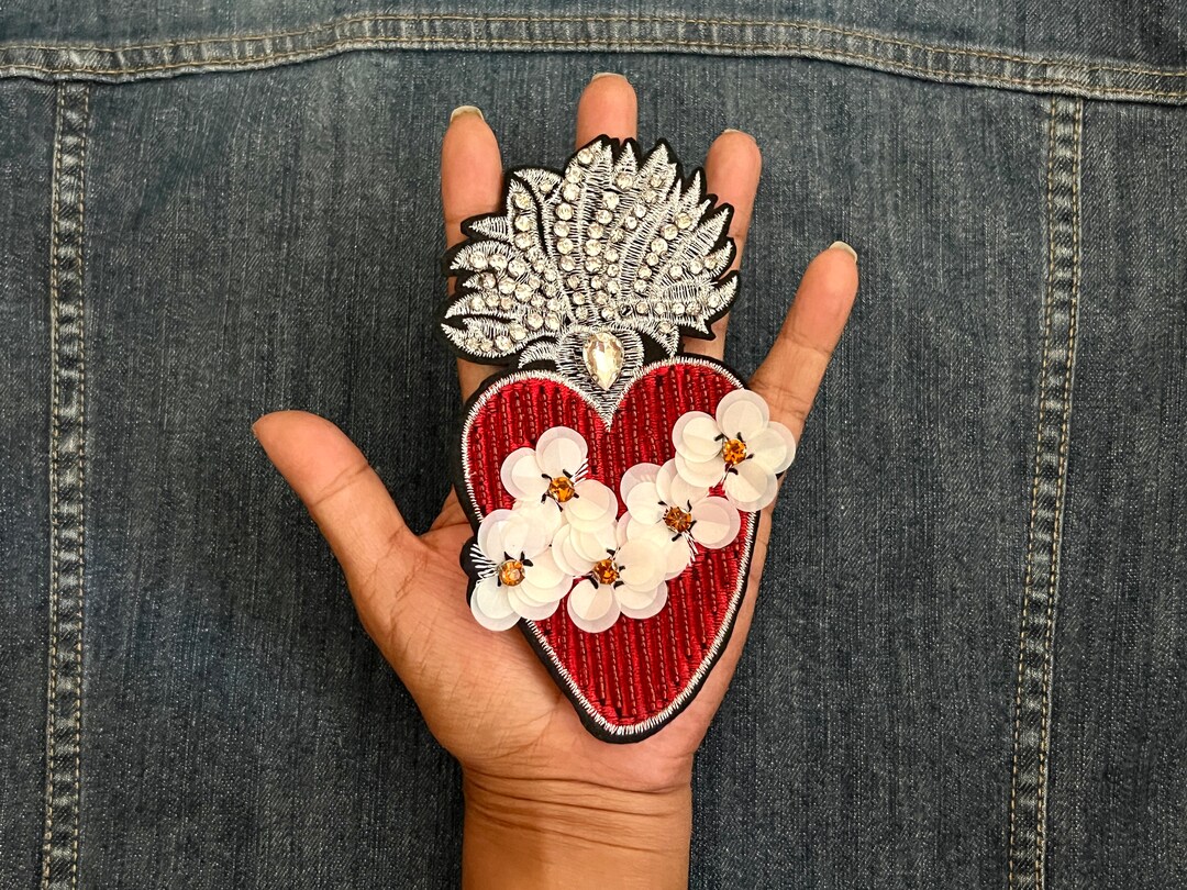 Rhinestones Sacred Heart Patch DIY Projects Embroidered Beaded Appliqué ...