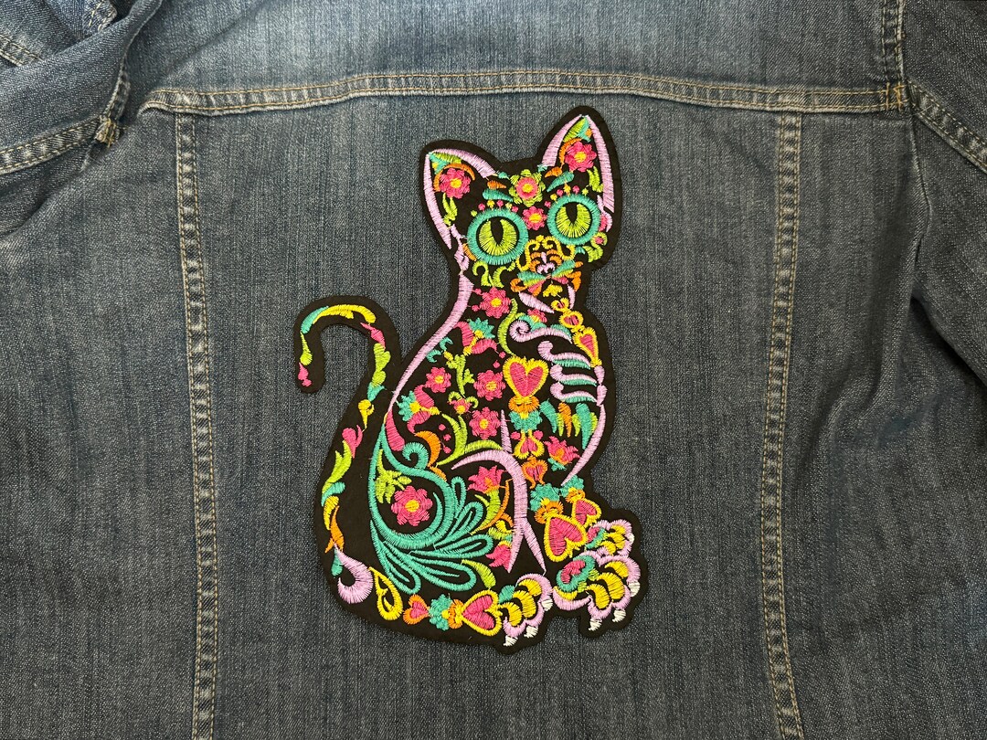 Cute Cat Folklore Large Iron on Patch or Sew Appliqué Embroidered ...