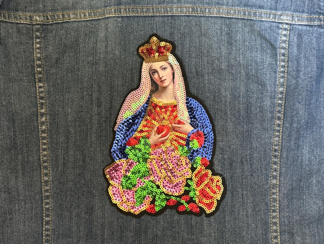 Mary Madonna Patch Glue or Sew Appliqué Sequin & Fabric Our Virgen Mary ...
