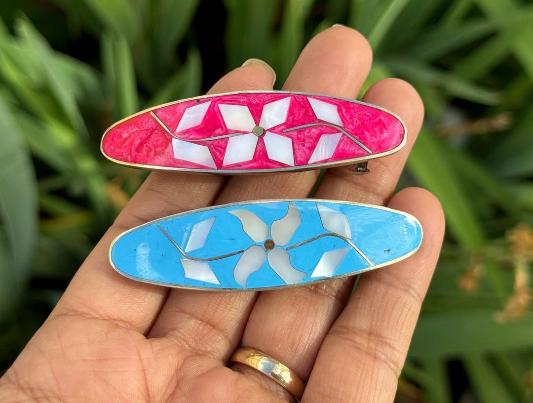 Set of 2 Enamel Bright Mexican Blue and Pink Barrettes Hair Clips Inlay ...