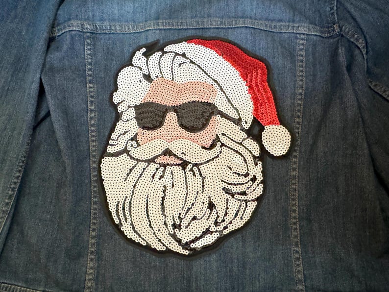 XL Cool Rocker Santa Claus Iron on Patch or Sew Appliqué Sequin Retro ...