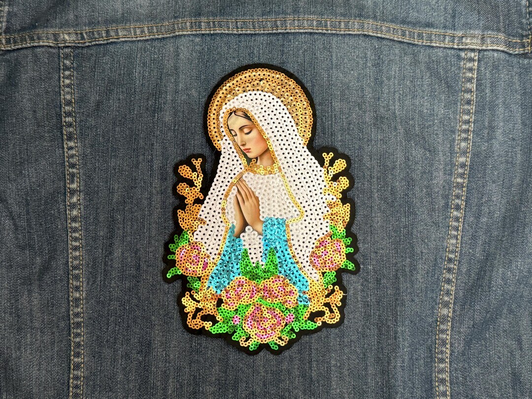Mary Madonna Patch Glue or Sew Appliqué Sequin & Fabric Our Virgen Mary ...