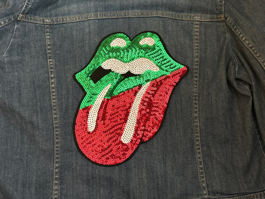 Large Rolling Stones 80's Iron on Patch or Sew Appliqué Multicolor Sequin Rock and Roll Large ...